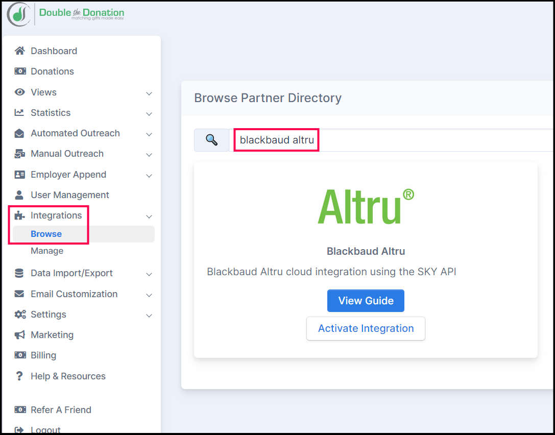 Does Double the Donation Integrate with Blackbaud Altru?